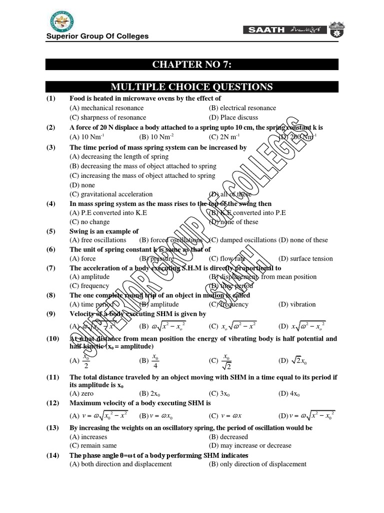 Physics MCQs for 1st Year Students | PDF | Resonance | Waves
