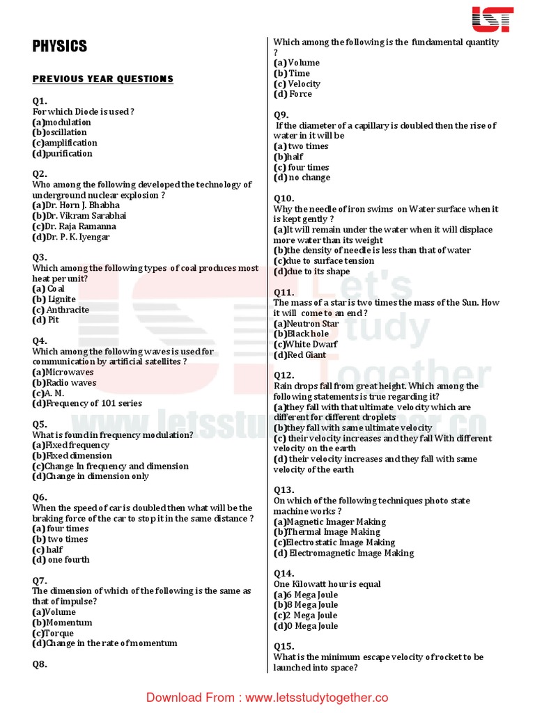 300 Important Physics Questions and Answer PDF | PDF | Atmosphere Of ...