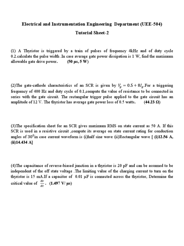 Electrical and Instrumentation Engineering Department (UEE-504) Tutorial Sheet-2 | PDF