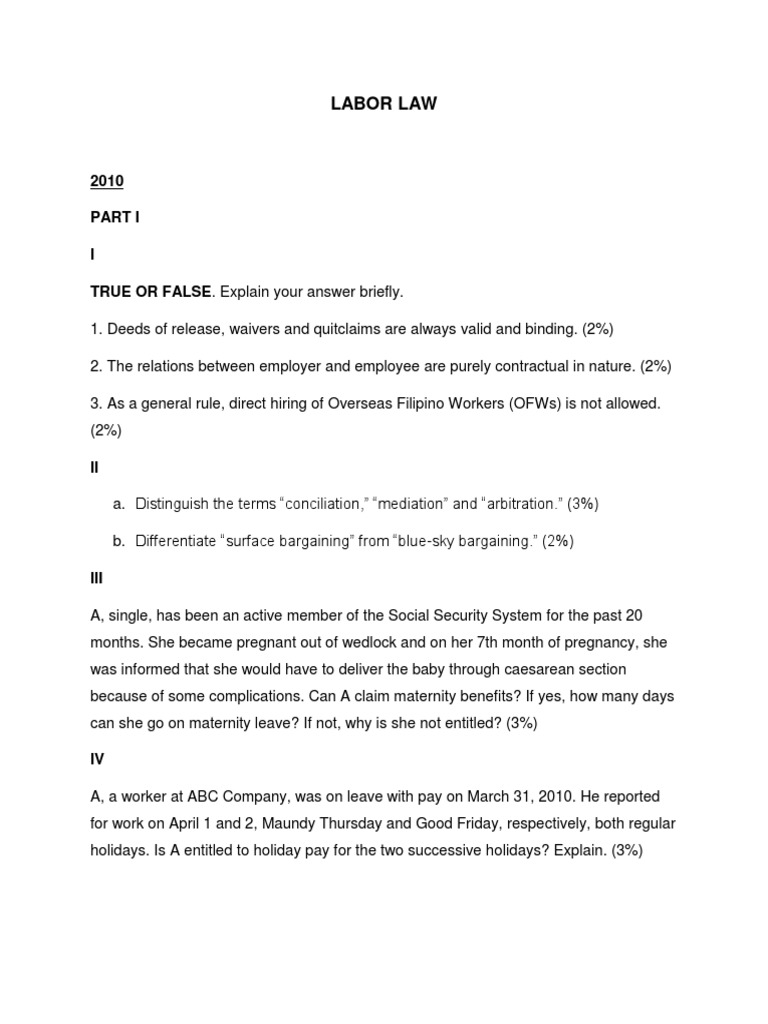 Labor Law Exam Questions | PDF | Overtime | Collective Bargaining