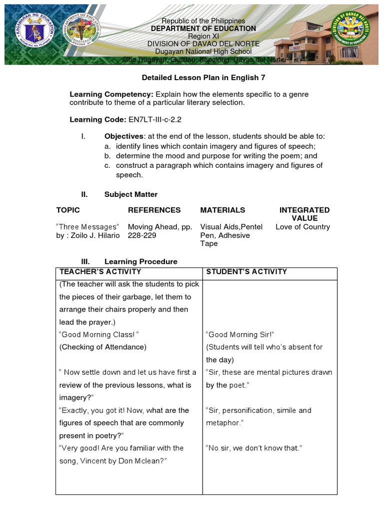 Lesson Plan in English 7 | PDF | Poetry | Lesson Plan