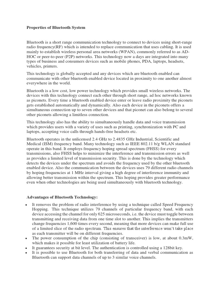 Properties of Bluetooth System | PDF | Bluetooth | Wireless Lan