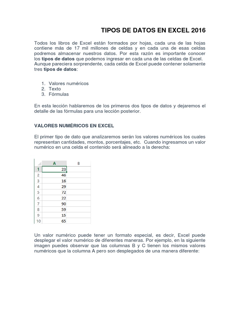 Tipos de Datos en Excel 2016 | PDF | Fórmula | Microsoft Excel