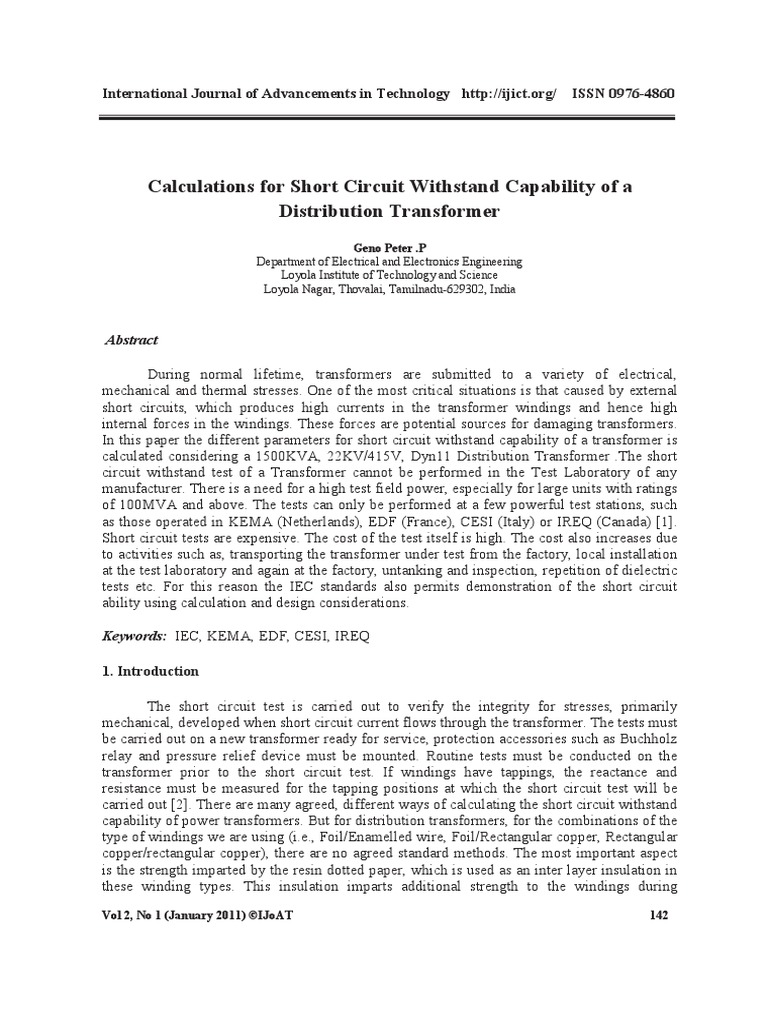 Calculations For Short Circuit Withstand Capability of A Distribution ...