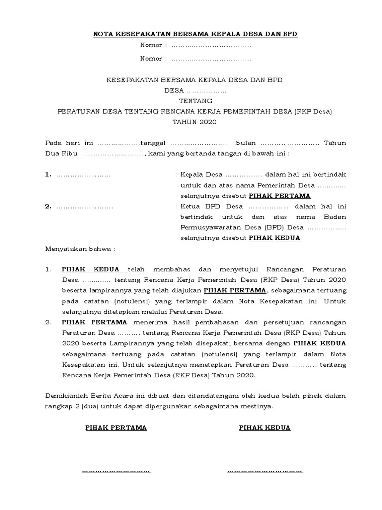 Nota Kesepakatan Bersama Kepala Desa Dan BPD TTG Perdes RKP Desa 2020 | PDF