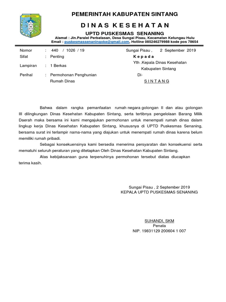 Permohonan Sip Rumah Dinas Puskesmas Senaning | PDF