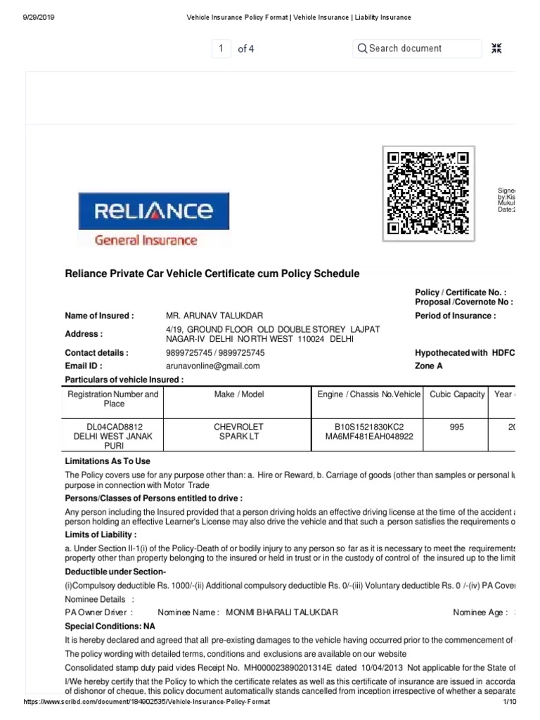 Vehicle Insurance Policy Format - Vehicle Insurance - Liability ...