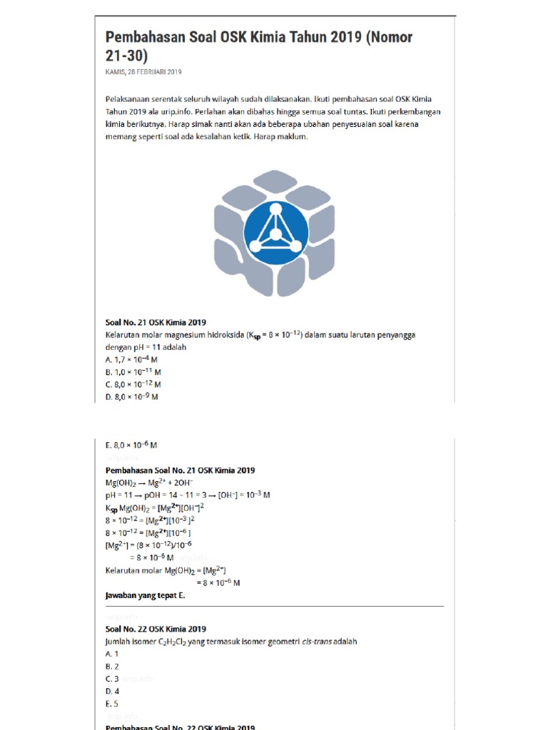 Pembahasan Soal OSK Kimia Tahun 2019 (Nomor 21-30) | PDF