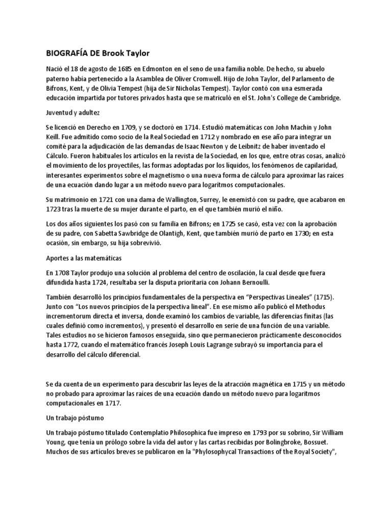 Biografía de Brook Taylor | PDF | Análisis matemático | Enseñanza de ...