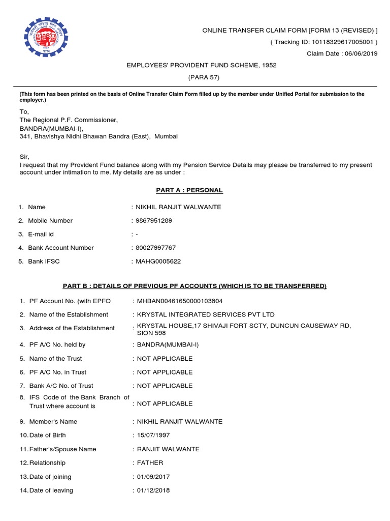 Online PF Transfer Claim Form Requesting Transfer of Provident Fund ...