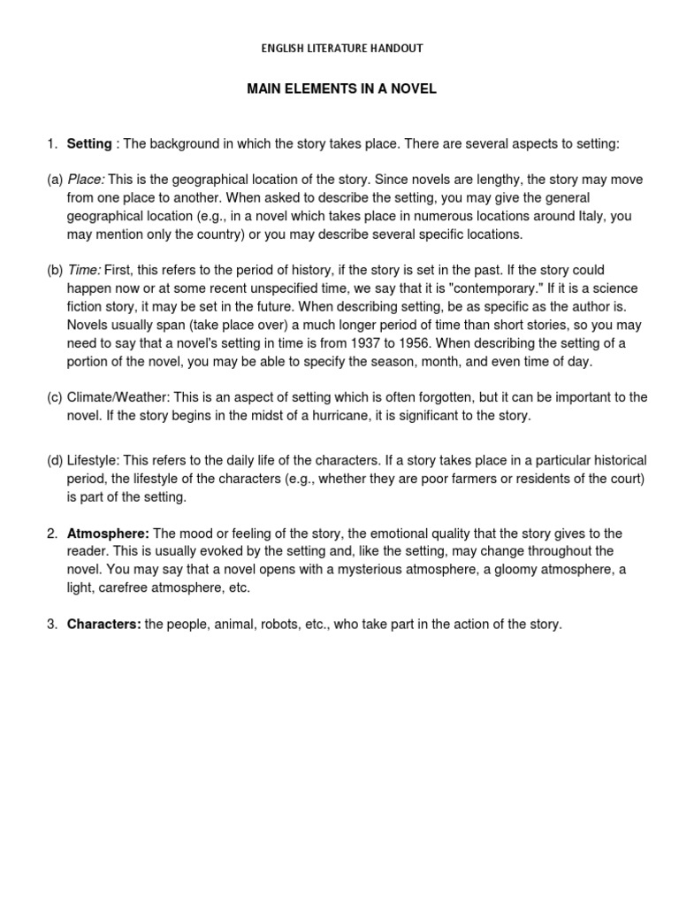 Main Elements in A Novel: English Literature Handout | PDF | Narration