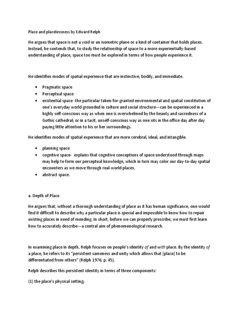 Place and Placelessness by Edward Relph | PDF | Existentialism | Space