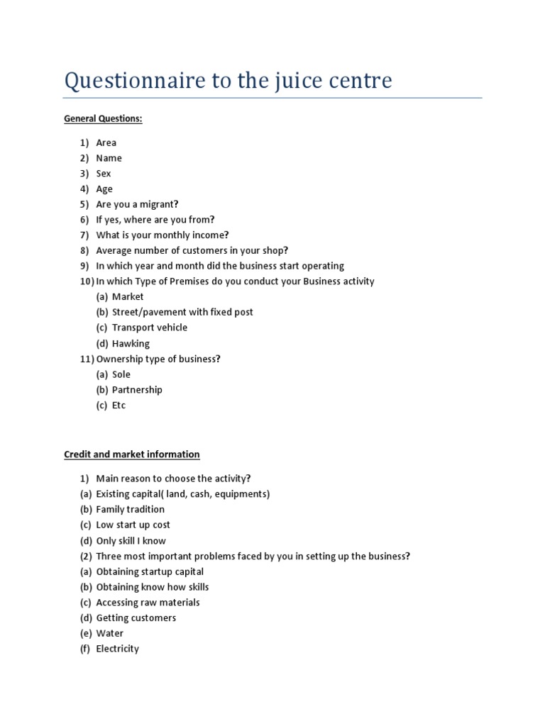 Questionnaire To The Juice Centre | PDF | Loans | Expense