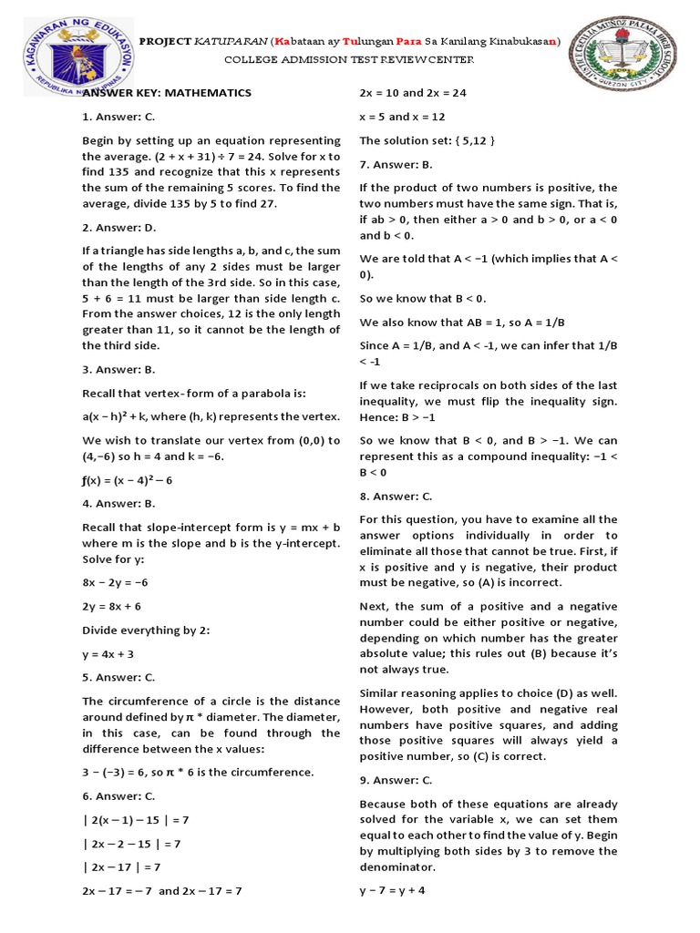 Answer Key: Mathematics: Project Katuparan ( | PDF | Trigonometric ...