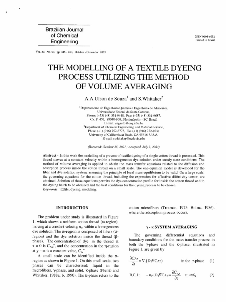 The Modelling of A Textile Dyeing Proces PDF | PDF | Diffusion ...
