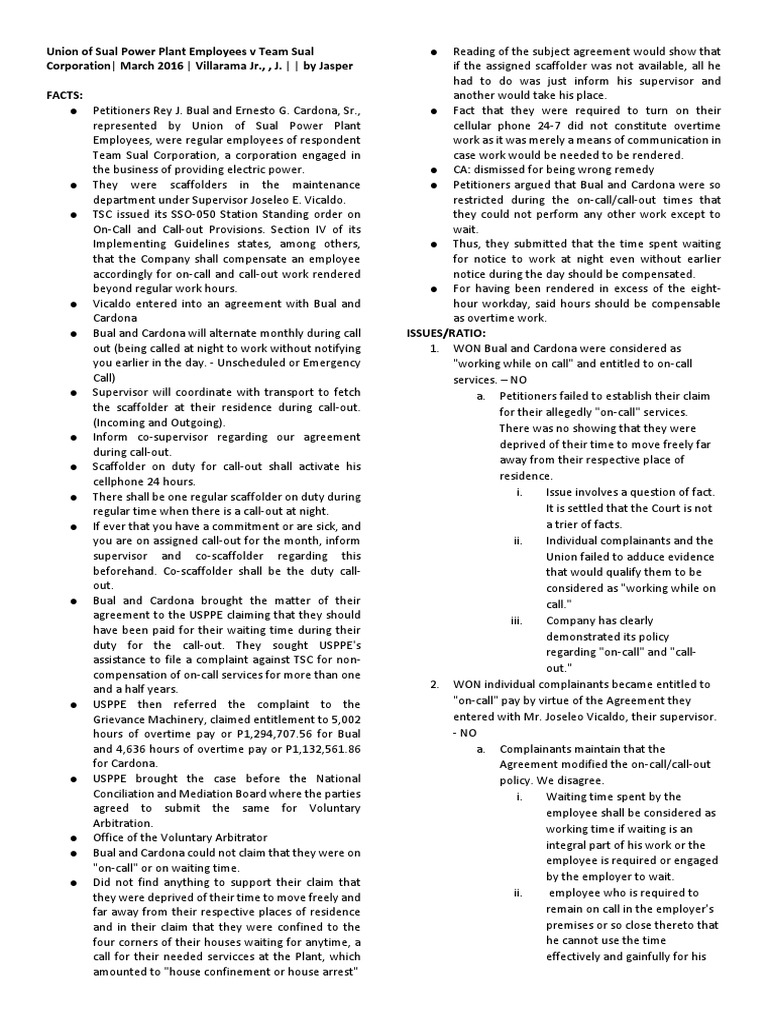 Sual Power Plant Employees' Overtime Case | PDF | Overtime | Employment
