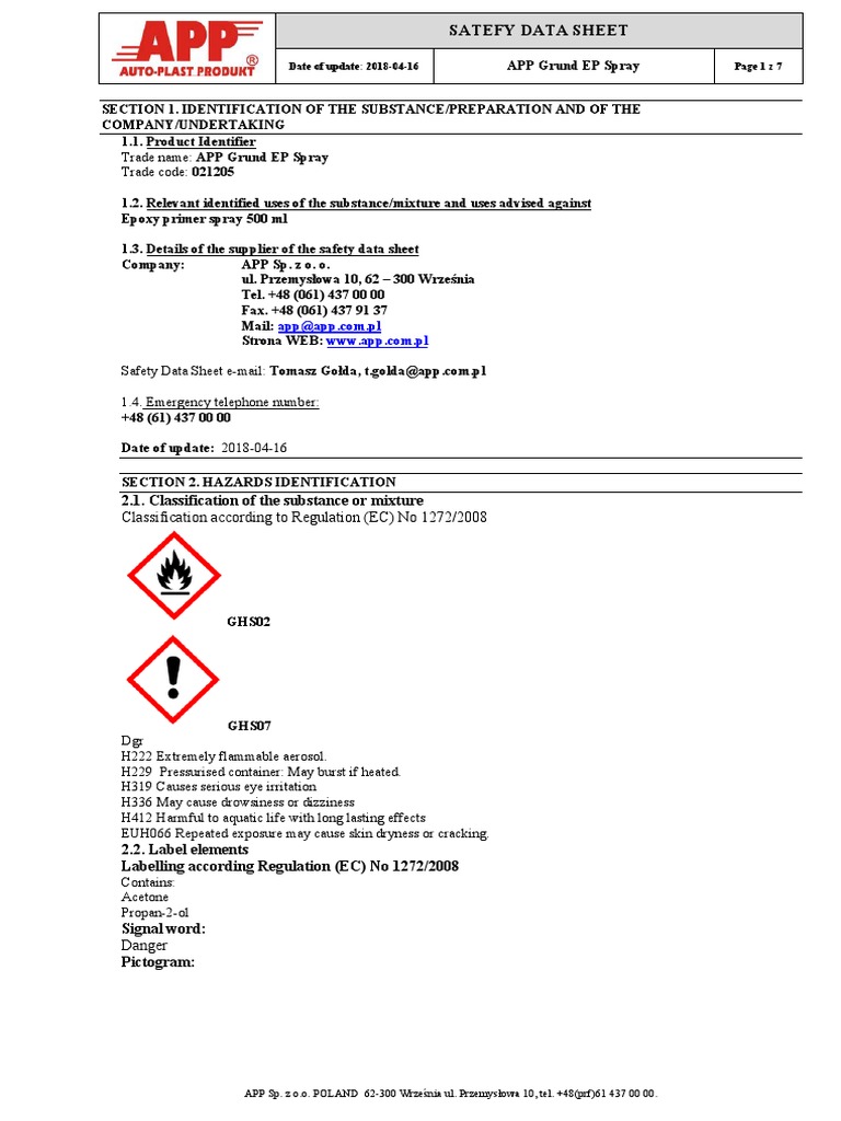 2.1. Classification of The Substance or Mixture: Classification ...