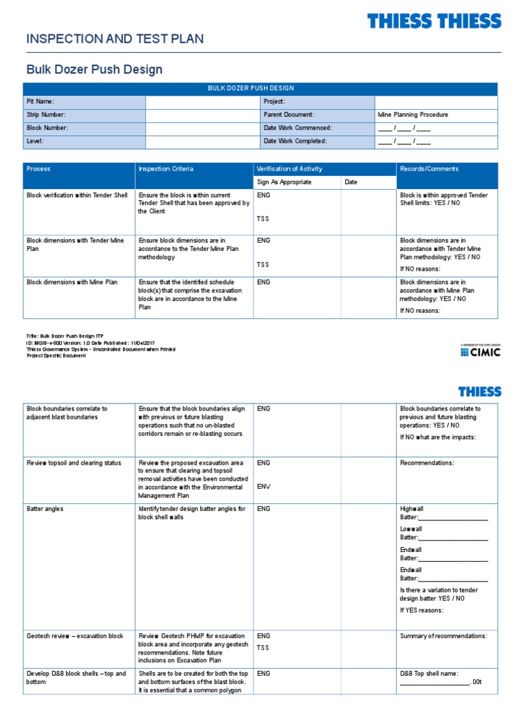 Inspection and Test Plan Bulk Dozer Push Design | PDF | Coal Mining ...