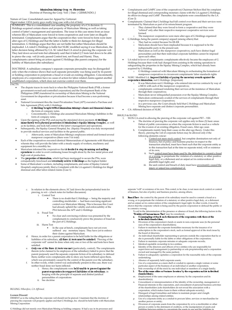 2 Maricalum Mining vs. Florentino | PDF | Piercing The Corporate Veil ...