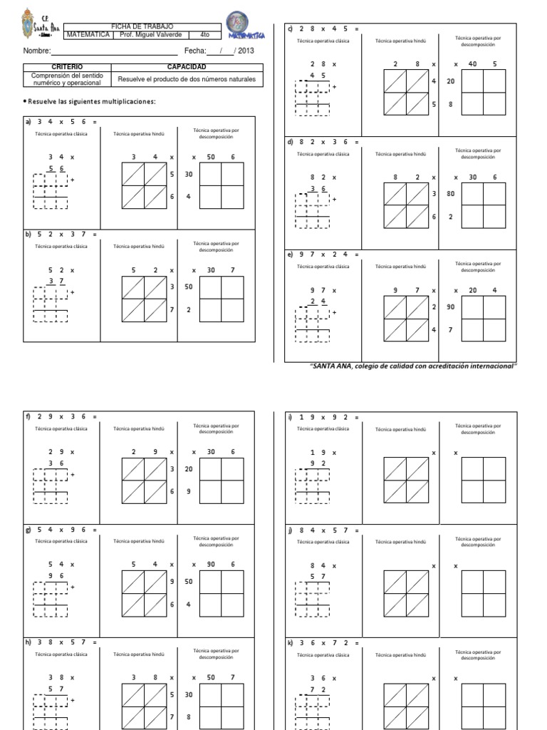 Fichadetrabajo Multiplicaci | PDF | Enseñanza de matemática