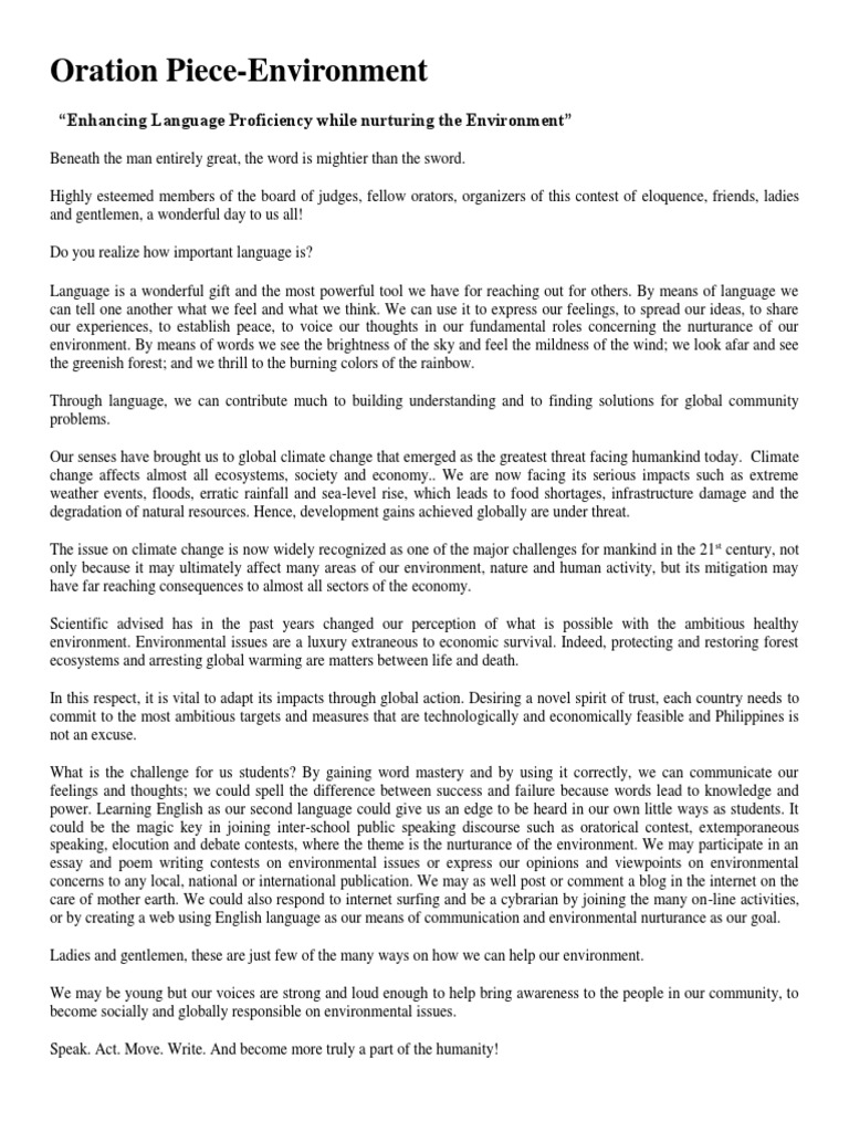Oration Piece | PDF | Environmental Issues | Natural Environment
