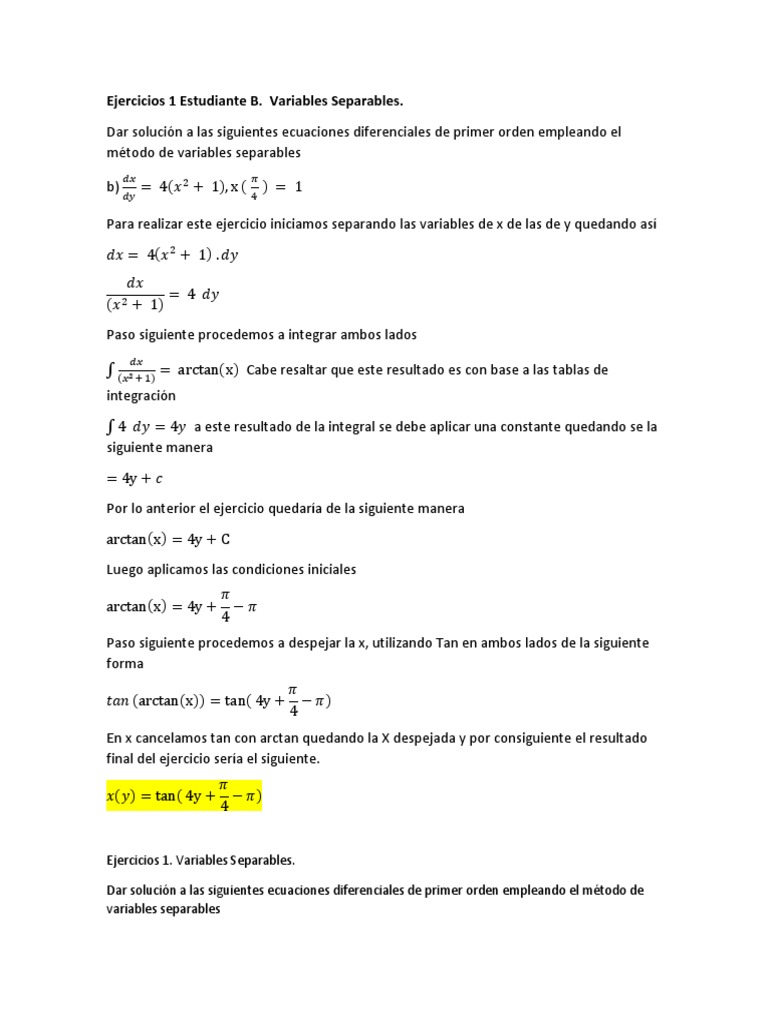 Ejercicios 1 Estudiante B. Variables Separables | PDF | Integral | Ecuaciones