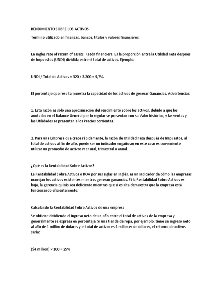 Rendimiento Sobre Los Activos | PDF | Retorno de la inversión | Bancos