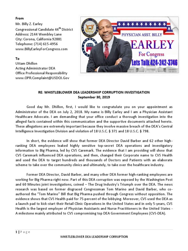 Billy Earley For Congress Request DEA Corruption Investigation Into ...
