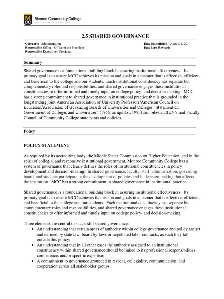MCC Shared Governance Framework | PDF | Governance | By Law