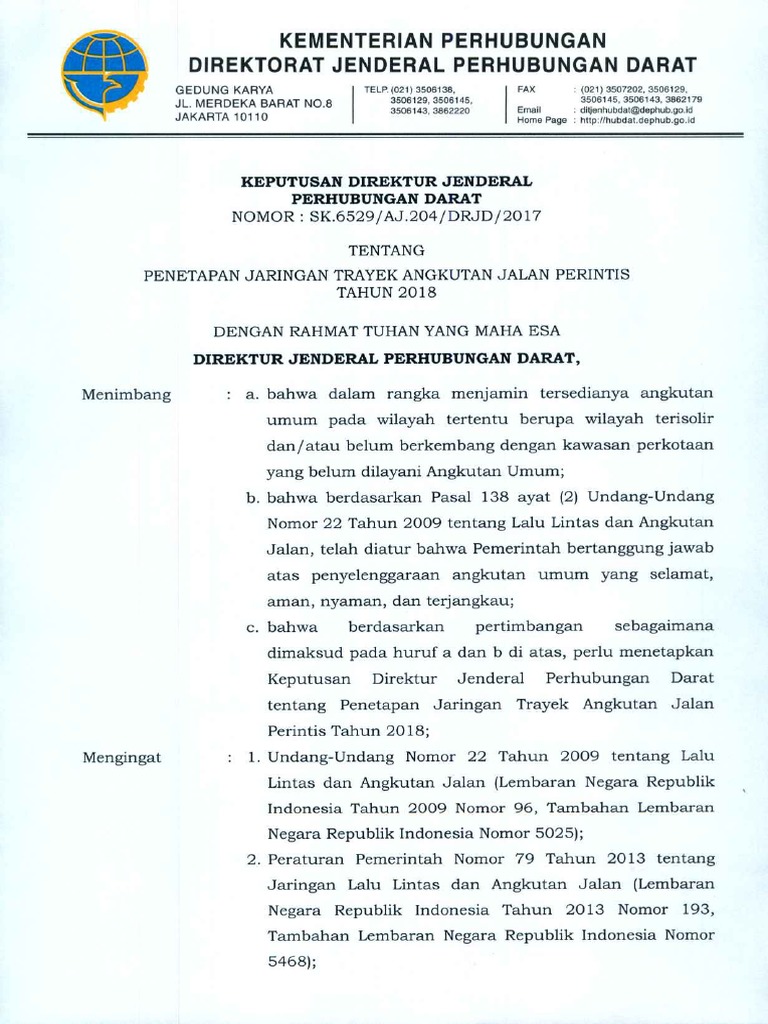SK. Penetapan Jaringan Trayek Angkutan Jalan Perintis 2018 PDF | PDF