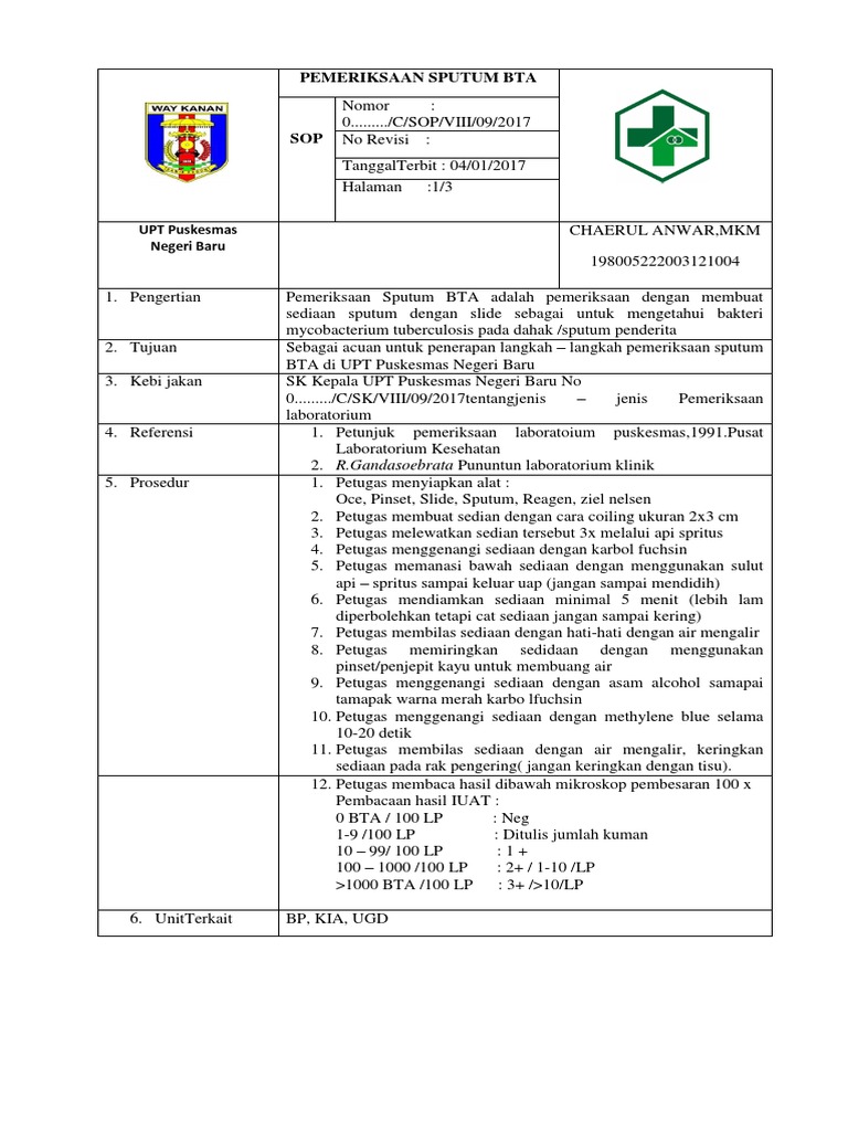 8.1.1.2 Sop Pemeriksaan Sputum Bta | PDF