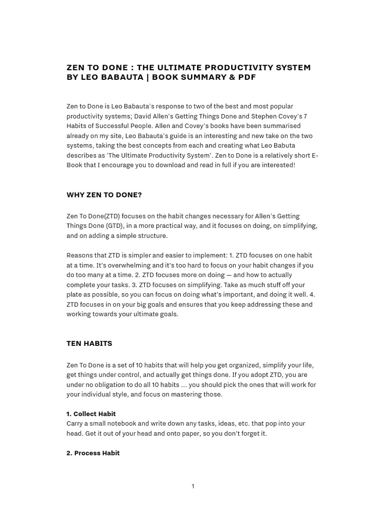 Zen To Done: The Ultimate Productivity System by Leo Babauta - Book ...