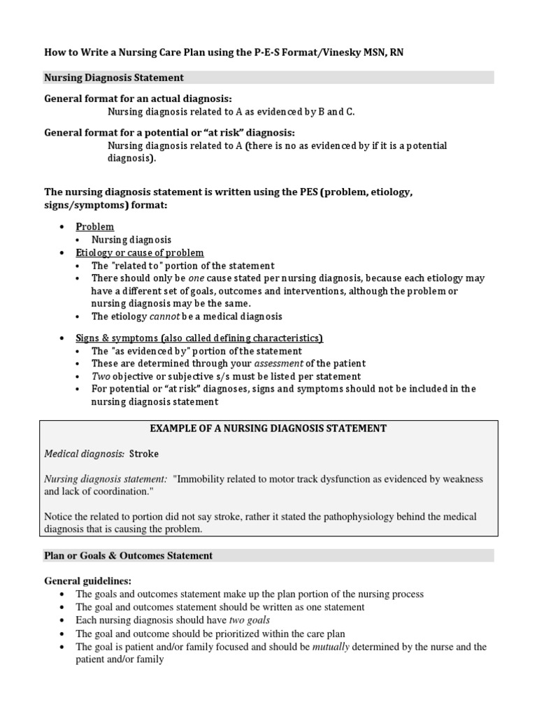 P-E-S Care Plan Format.docx | Medical Diagnosis | Goal