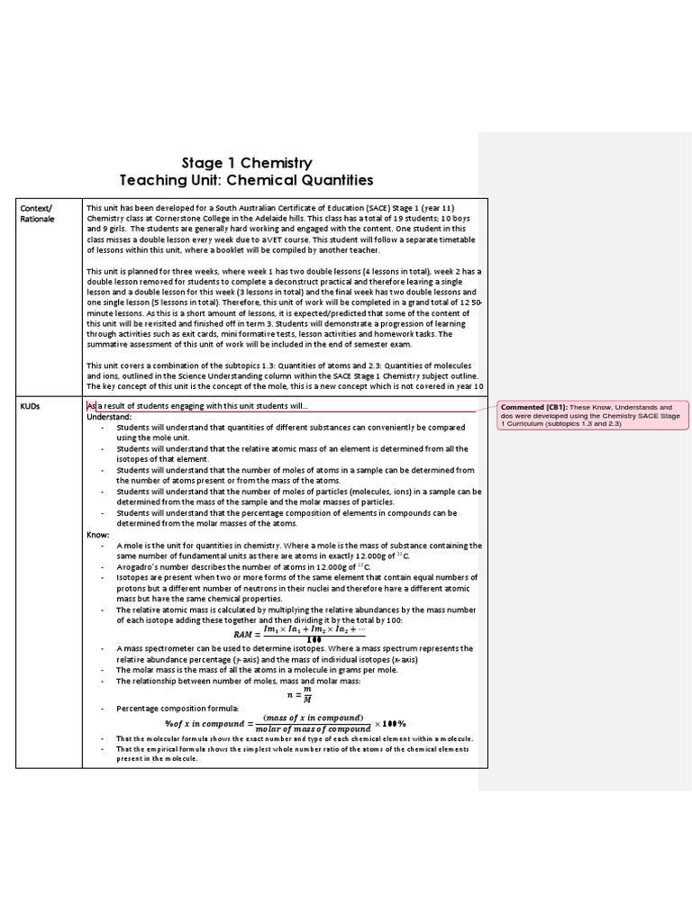 Chemistry Unit Plan | PDF | Mole (Unit) | Molecules