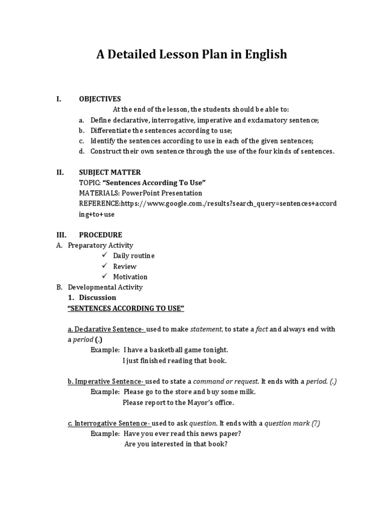 A Detailed Lesson Plan in English | PDF | Lesson Plan | Sentence ...