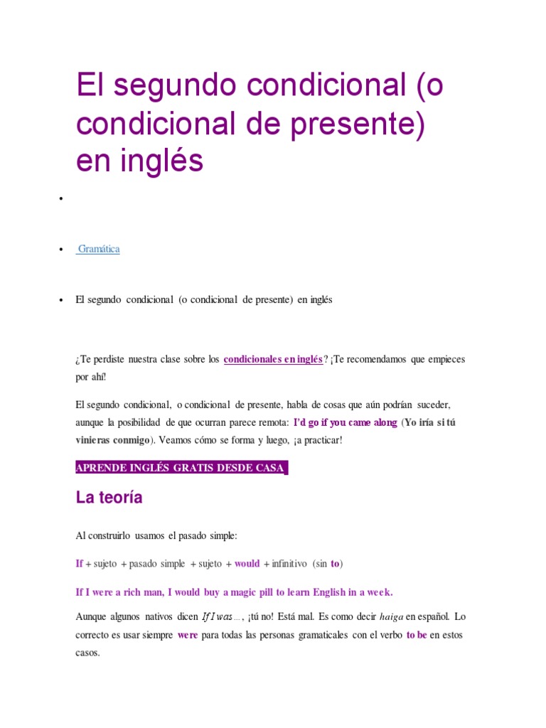 El Segundo Condicional | PDF | Asunto (gramática) | Tipología Lingüística