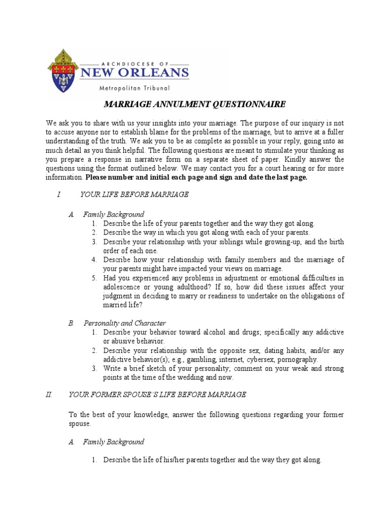 Catholic Marriage Annulment Questionnaire | PDF | Marriage | Divorce