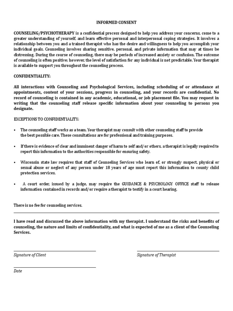 Signature of Client Signature of Therapist | PDF | Confidentiality ...