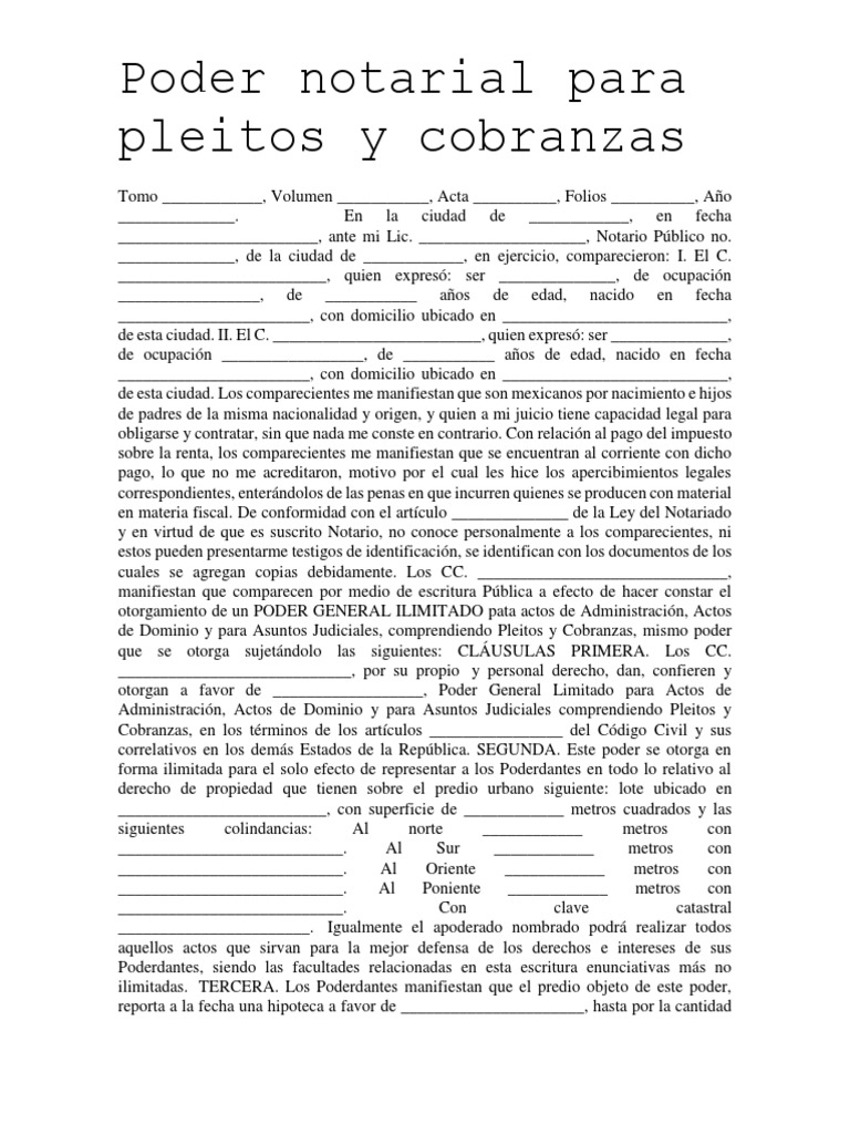 Poder Notarial para Pleitos y Cobranzas | PDF | Información del ...