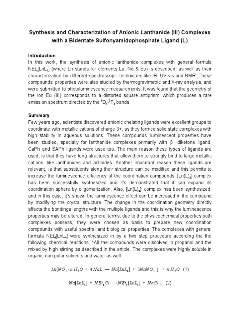 Synthesis and Characterization of Anionic Lanthanide (III) Complexes With A Bidentate ...