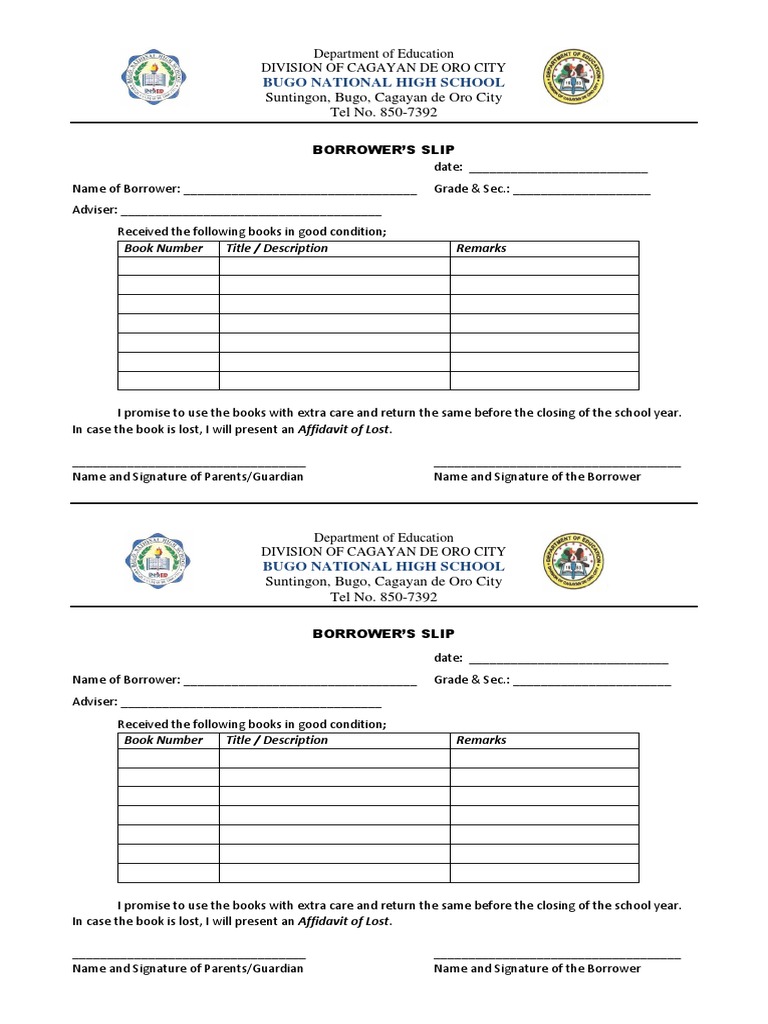 Bugo National High School Borrower's Slip for Checking Out Library ...