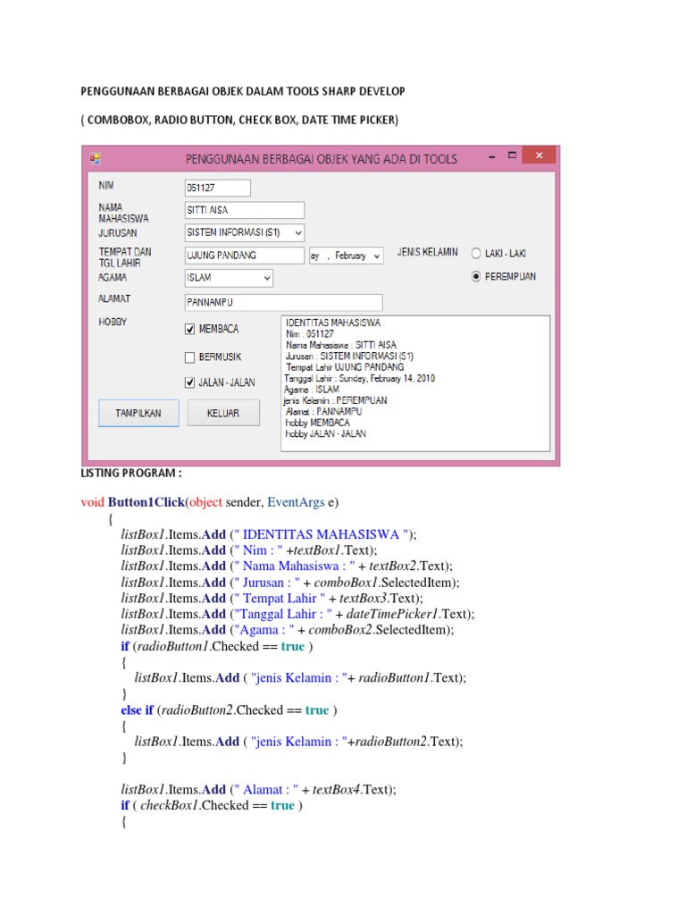 Penggunaan Berbagai Objek Dalam Tools Sharp Develop (Combobox, Radio ...
