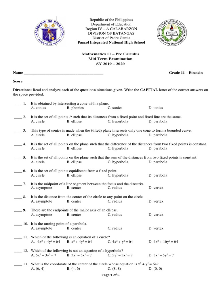 Pre-Calculus Midterm Exam for Grade 11 | PDF | Ellipse | Differential ...