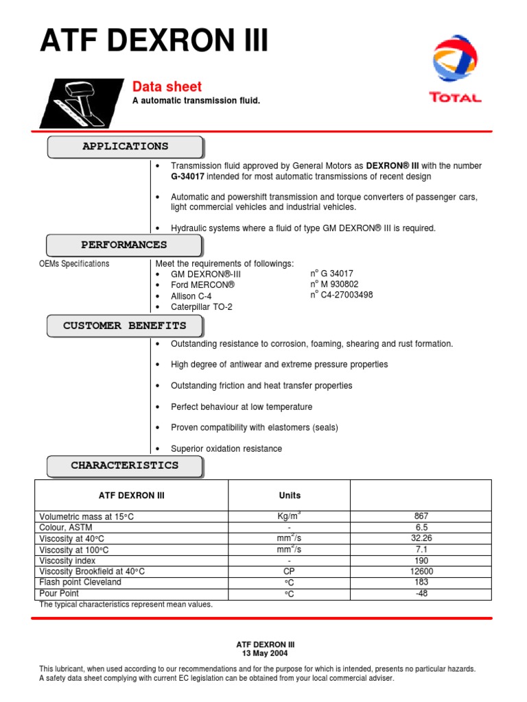 Atf Dexron Iii: Data Sheet | Download Free PDF | Transmission ...
