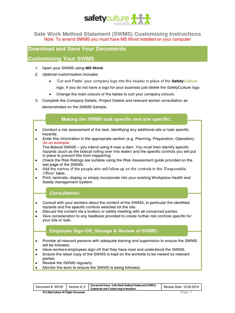 Safe Work Method Statement (SWMS) Customising Instructions: Download ...