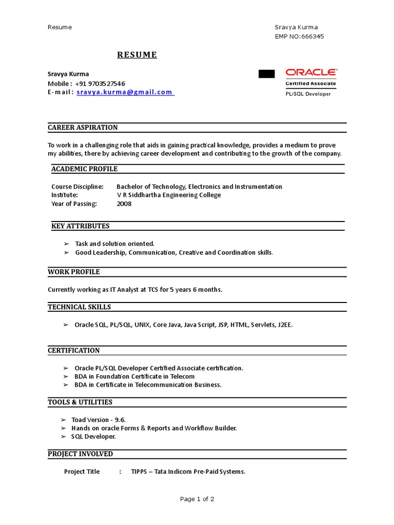 Sravya Kurma Resume v2.0 | Download Free PDF | Java (Programming ...