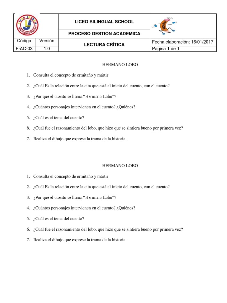 Taller Sobre Hermano Lobo | PDF