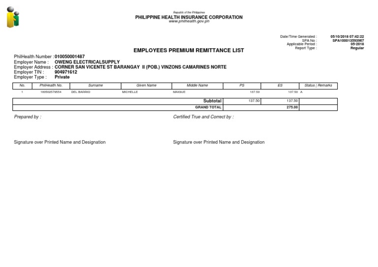 May 2018 Regular Premium Remittance List for OWENG ELECTRICALSUPPLY | PDF