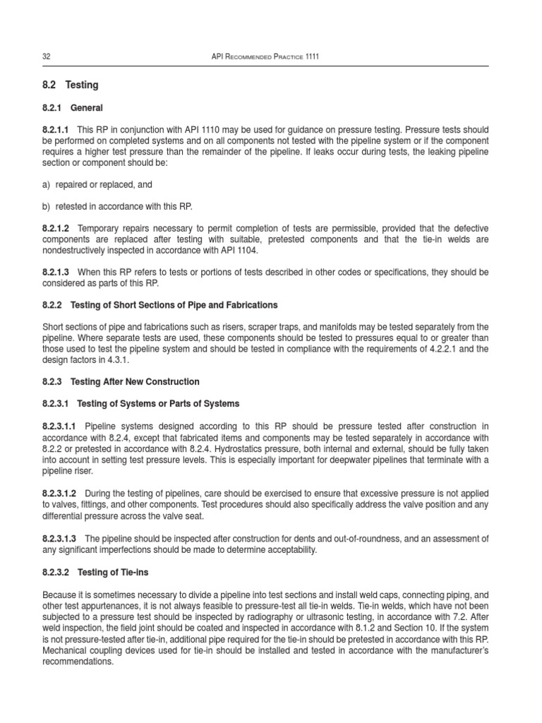 Test API RP 1111 | Download Free PDF | Pipeline Transport | Chemical ...
