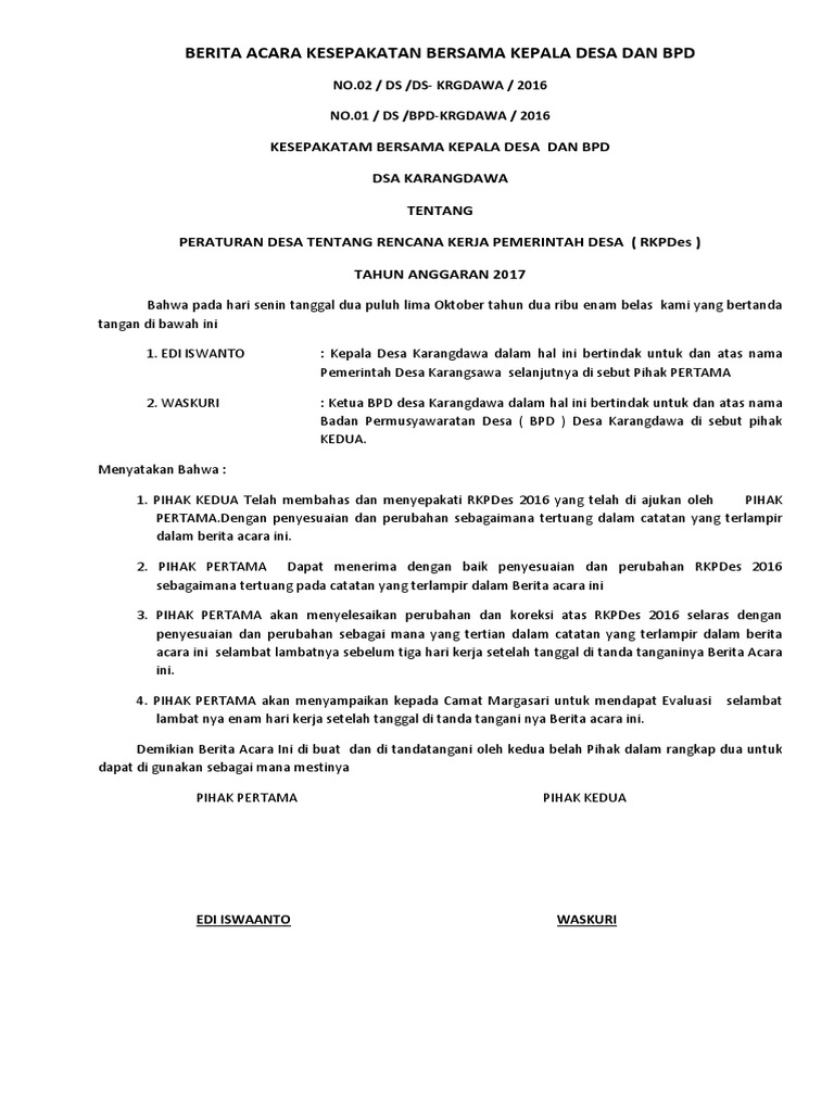 Berita Acara Kesepakatan Bersama Kepala Desa Dan BPD 2017 0kee | PDF | Kajian Bahasa Asing ...